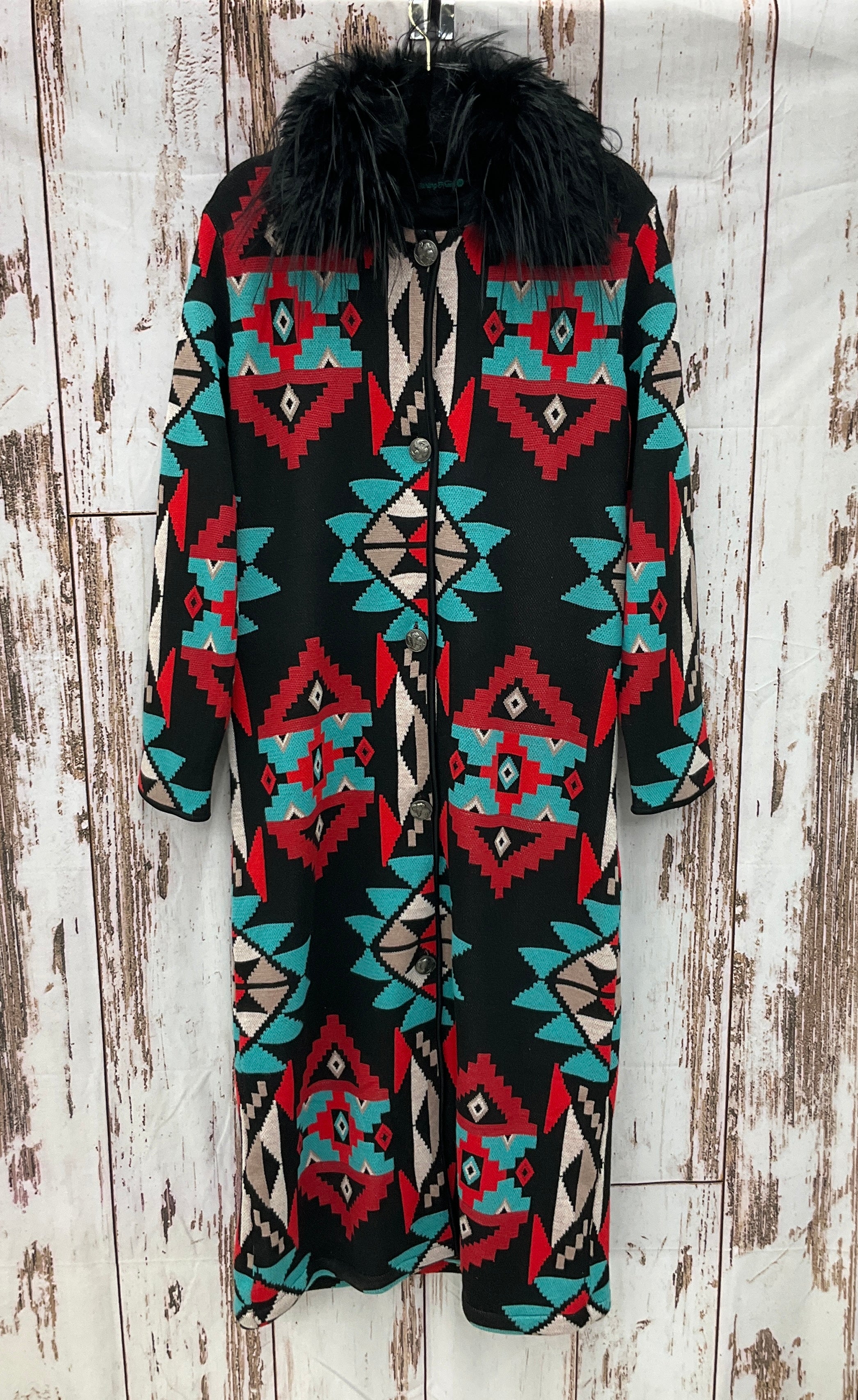 Ladies Turquoise And Red Aztec Coat – Eagle Spirit Gifts